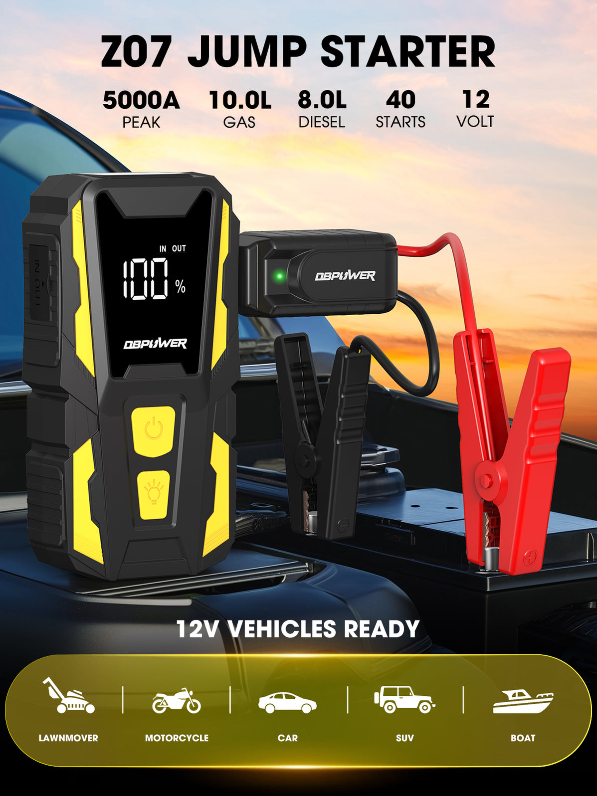 DBPOWER 5000A Jump Starter, 74Wh Car Battery Jump Starter for Up to 10