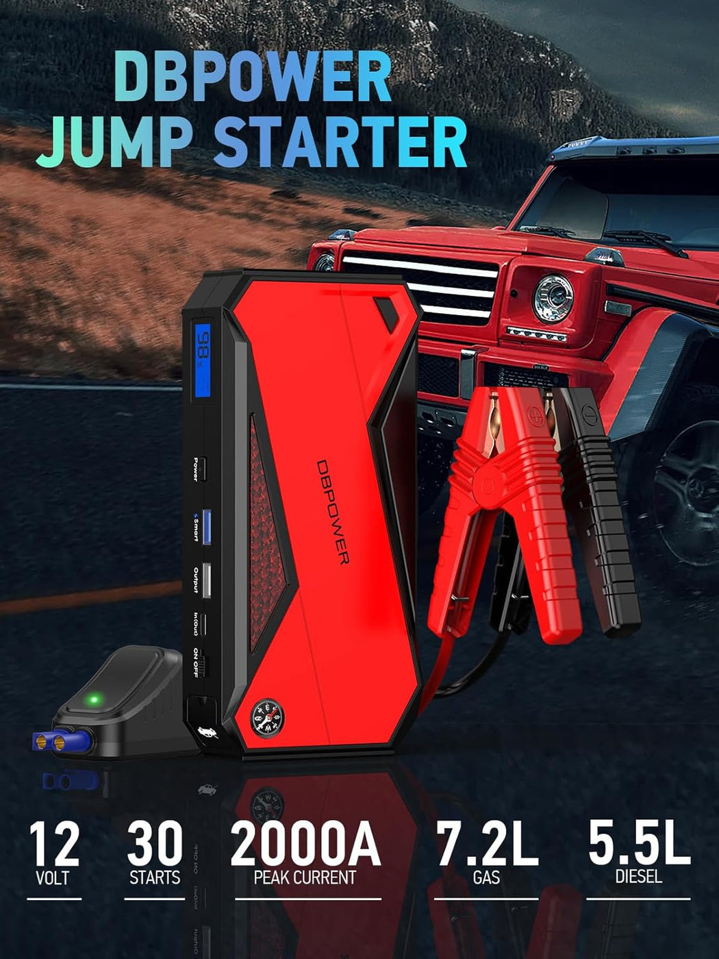 DBPOWER Peak 2000A 18000mAh Portable Car Jump Starter (up to 7.2L Gas,